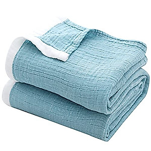 SE SOFTEXLY Cotton Muslin Blankets 4-Layer Blue Blankets for Bed Couch,Thermal Blanket for Adults Lightweight Soft Breathable Throw Blanket for All Season Gauze King Size Blanket(90"x 102",Light Blue)