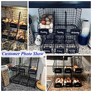 keomaisyto Fresh Egg Holder with 5 Dividers to Separate Eggs for a Week, 2 Tier Stackable Wire Baskets for Gathering Eggs, XXL Egg Rack for Countertop/Wall-Mounted, With DIY Labels (Patent Pending)