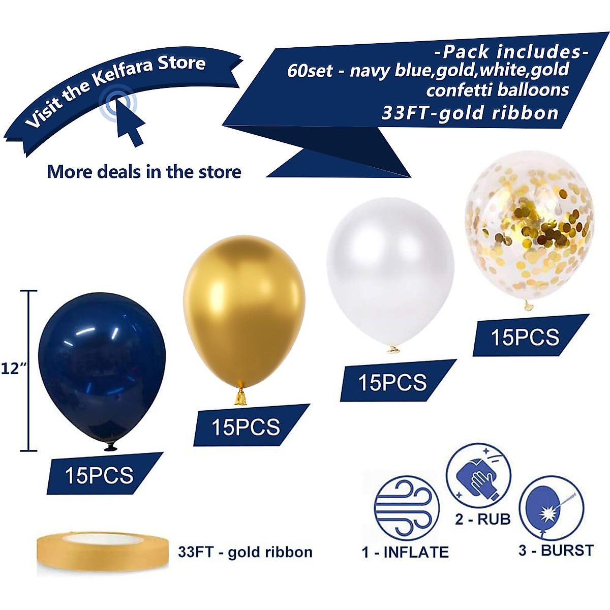 Navy Blue and Gold Confetti Balloons, 60 pcs 12 inch Pearl White and Gold Metallic Chrome Party Latex Balloon with 33 Ft Gold Ribbon for Birthday,Wedding and Celebration Graduation Decoration