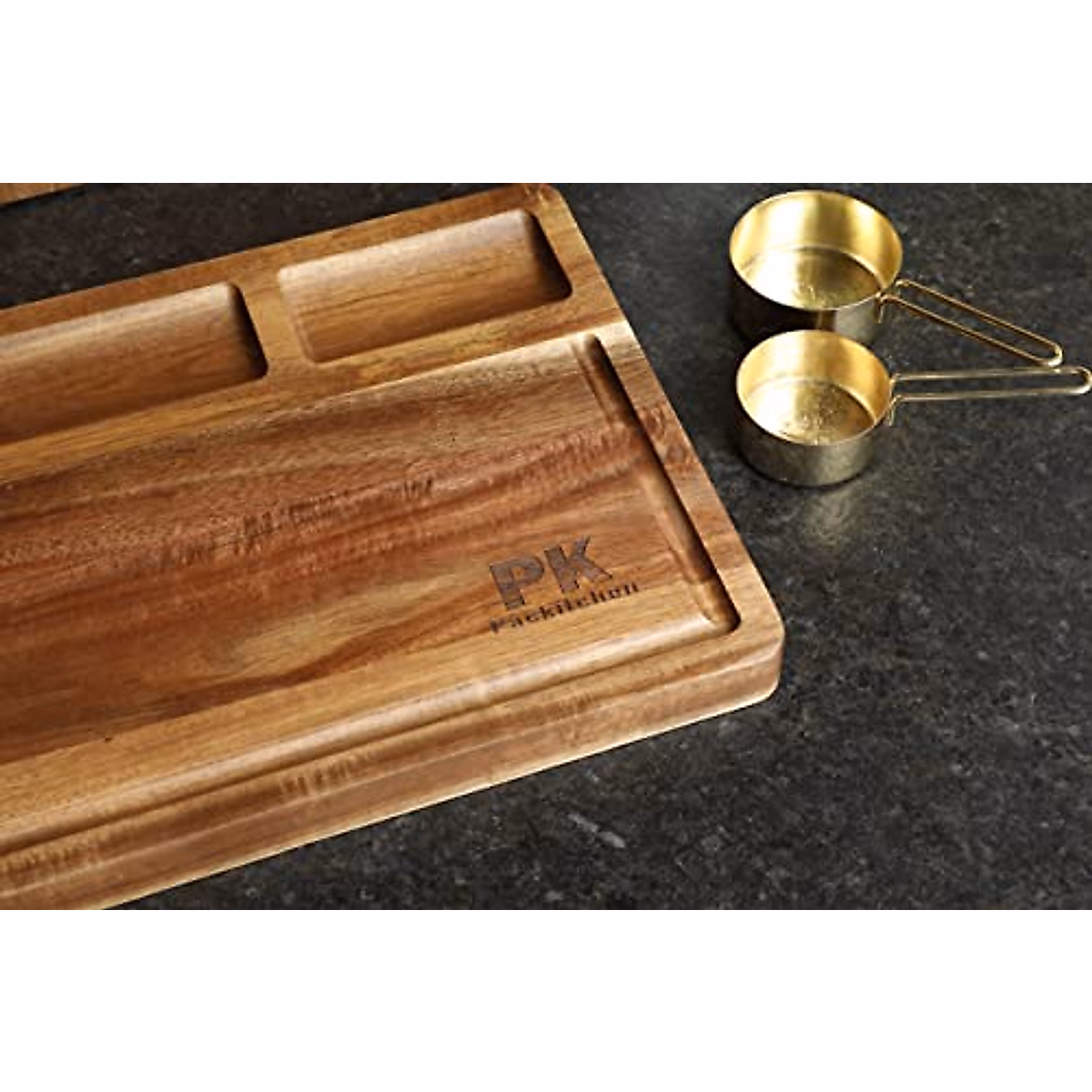 Acacia Wood Cutting Board with Compartments, Cutting Board with Juice Grooves, Charcuterie Board for Meat, Cheese, and Vegetables (Small)