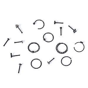 WASOLIE 16 PCS Nose Rings for Women 316L Stainless Steel Nose Piercings Jewelry Black Screw Men Nose Studs Rings.