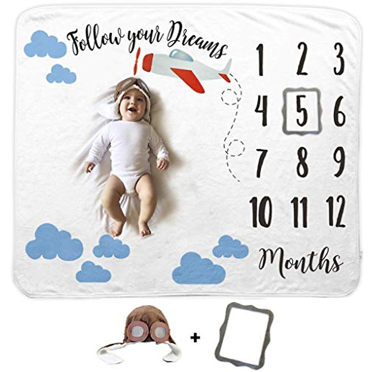 Baby Monthly Milestone Blanket | Includes Felt Frame and Baby Aviator Hat | 1 to 12 Months | Premium Extra Soft Fleece | Best Photography Backdrop Prop for Newborn Boy & Girl (Airplane Blanket)