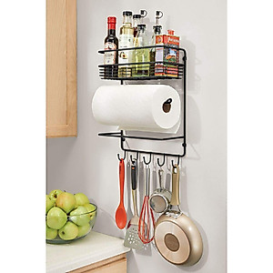 mDesign Metal Wall Mount Paper Towel Holder with Storage Shelf and Hooks for Kitchen, Pantry, Laundry, Garage Organization - Holds Spices, Seasonings, Pot Holders, Cookware - Black