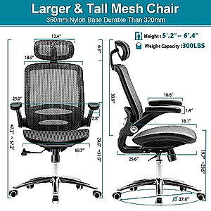 Ergonomic Mesh Office Chair, High Back Computer Mesh Desk Chair with Adjustable 2D Headrest & Flip Up Arms, 135°Tilt Function, Mesh Seat, Breathable Swivel Executive Task Chair for Tall People