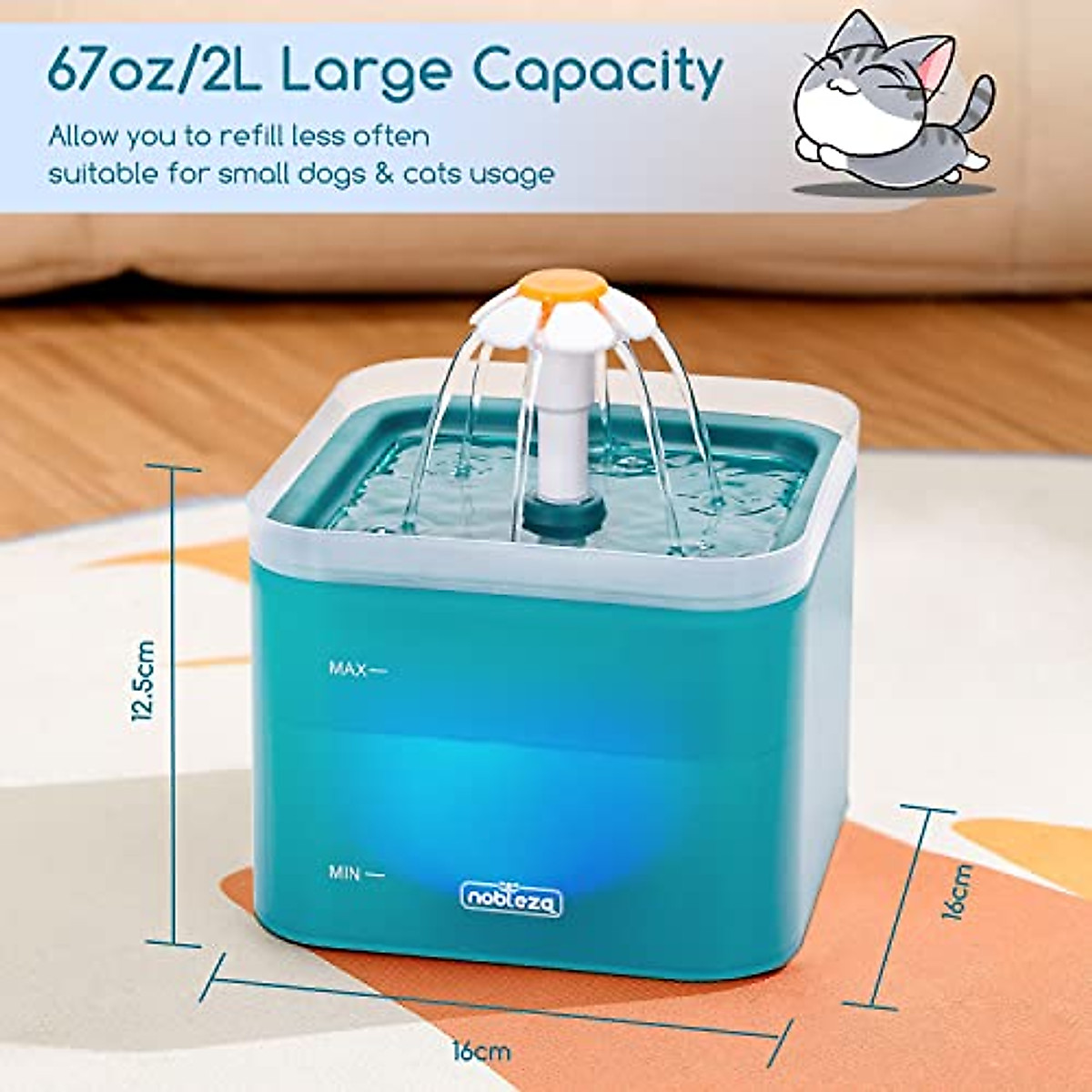 Nobleza Water Fountain for Cats Inside, 2L/67oz Ultra Silent Automatic Cat Water Fountain with 3 Flow Modes, Multi-Layer Filtration Pet Drinking Fountains with Visible Water Level for Cats and Dogs