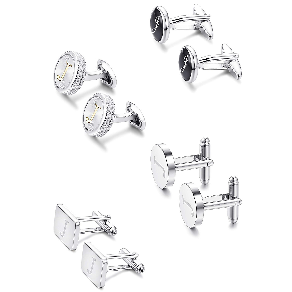 LOYALLOOK 4Pairs Men's Initial J Letter Shirts Cufflinks Engraved Shirt Cufflink Alphabet Set Fashion Dazzle Tuxedo Cufflinks Business Wedding Father's DayGift