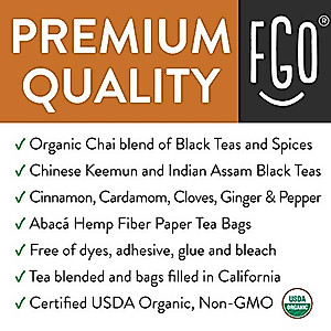 Organic Chai Tea Bags | 100 Tea Bags | Blend of Chinese Keemun Tea, Indian Assam Tea, Cinnamon, Cardamom, Cloves, Ginger, Black Pepper | Eco-Conscious Tea Bags in Kraft Bag | Blended in USA | by FGO