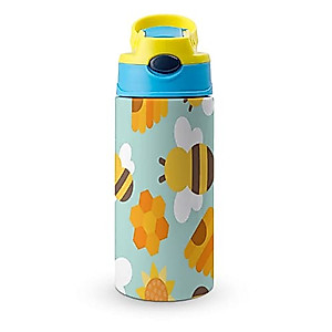 Thermos Cup 500Ml Bee Flower Insulated Water Bottle With Straw For Sports And Travel 7.5x2.7 in
