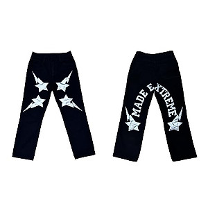 Dcepem Y2k Jeans Mens Aesthetic Baggy Hip Hop Star Pants Y2K Denim Loose Goth Y2k Fashion Streetwear（Black3-M）