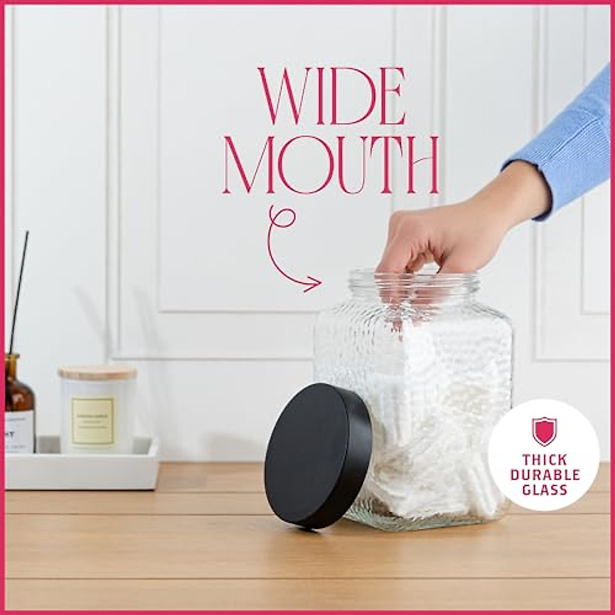 80oz Large Glass Kitchen Canister with Lid, Pantry & Countertop Organizing Storage Jar for Flour, Sugar, Coffee, Larger than Half Gallon Glass Container Set of 2 - Black Metal Lids