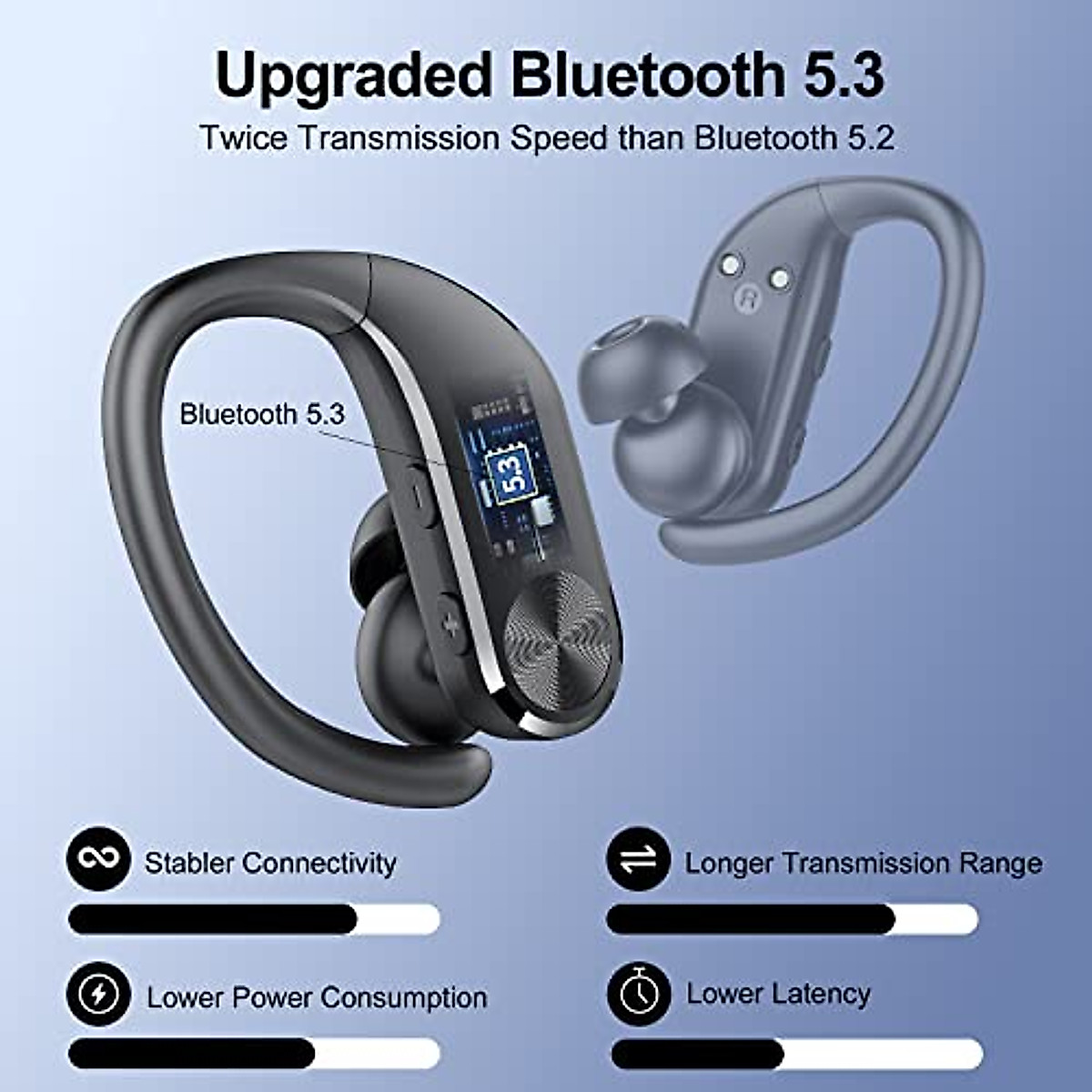 hadbleng Wireless Earbuds Bluetooth 5.3 Headphones 48Hrs Playtime Black Sports Earhooks Over Ear Earphones with LED Display, IPX7 Waterproof Built-in Mic Headset for Workout, Running, Gym