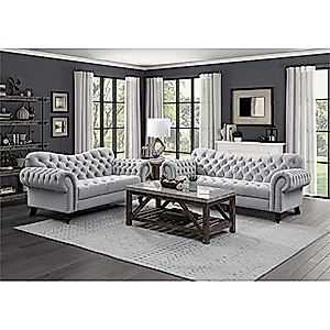 Pemberly Row 18.5" Traditional Velvet Fabric Sofa with Nail Head in Light Gray