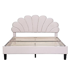 Livavege Queen Size Bed Frame with Headboard, Velvet Upholstered Platform Bed Modern Bedframe with Wood Slats Support Mattress Foundation for Kids, Teens, Adults, No Box Spring Needed, Cream White