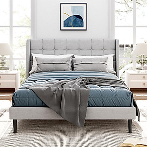 Sismplly Full Size Bed Frame with Headboard, Modern Upholstered Platform Bed Frames, Button Tufted Wingback Mattress Foundation, No Box Spring Needed, Easy Assembly, Light Grey