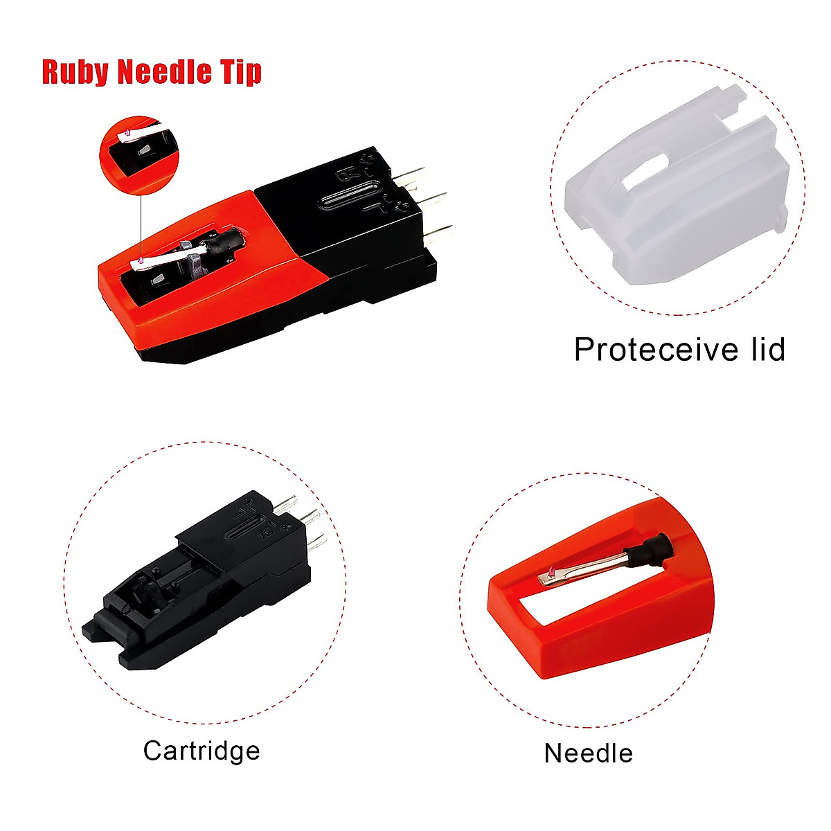 2PCS Record Player Cartridge with 2PCS Record Player Needle Turntable Needles Record Player Stylus Record Player Needle Replacement Accessories for Vinyl Record Player