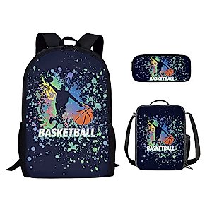 DMOYALA Basketball Bookbag for School Girls Boys Cool School Backbag with Lunch Cooler Box and Pencil Case 3pcs Set Durable Back Waterproof 17 Inch Laptop Backpack for Women Men