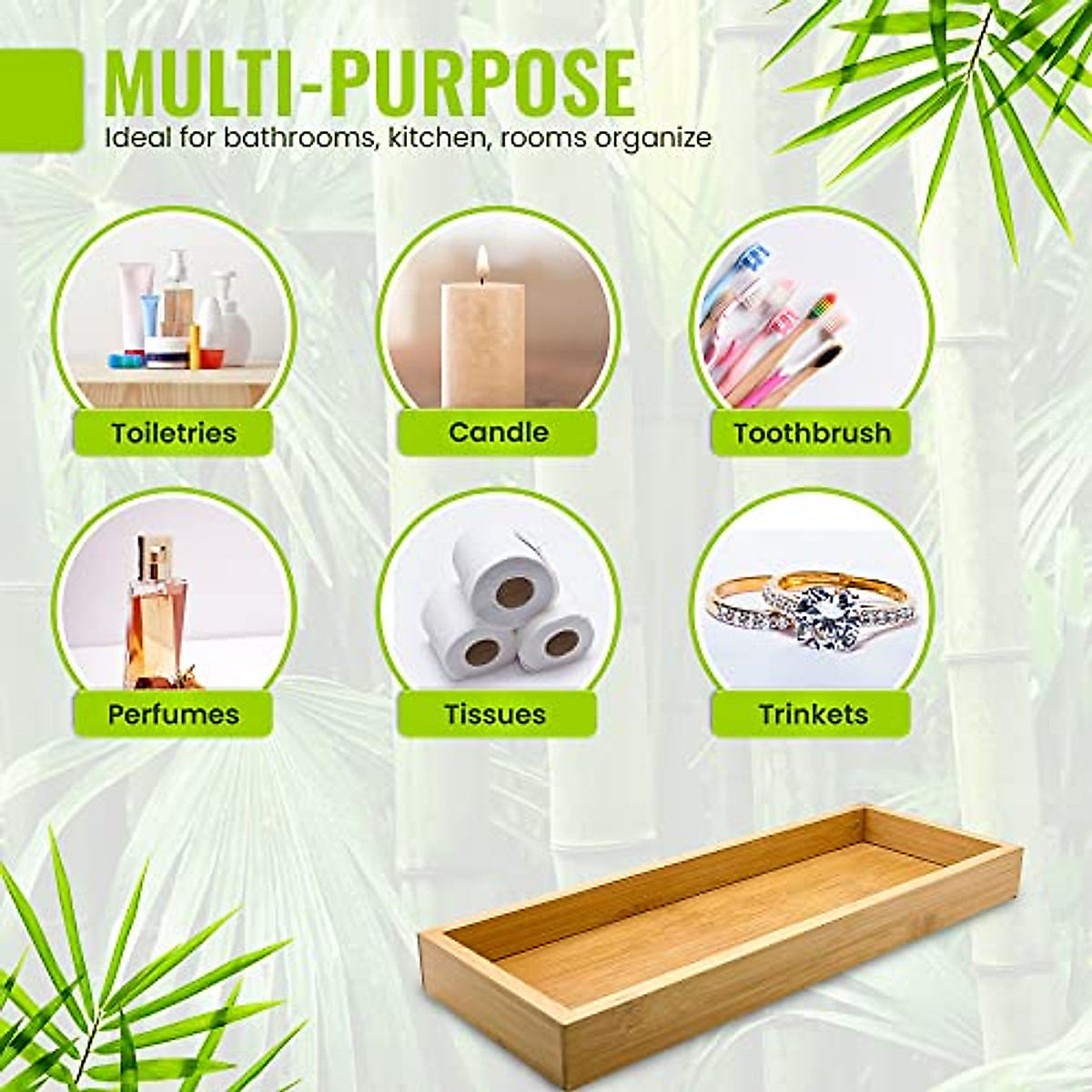 Bamboo Tray - Natural Bamboo - 11.3 X 4.4 X 1.1 in - Vanity Tray for Bathroom - Ecological and Sustainable