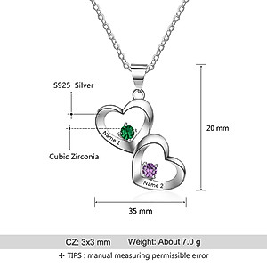 Personalized 2 Names Sterling Silver Necklace with 2 Simulated Birthstones Couple Engraved Love Heart Pendant Promise Necklace for Women