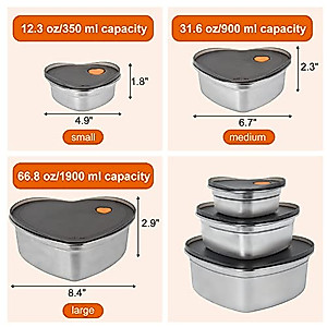 MOMULL Large Stainless Steel Food Containers With Lids, 3-Piece Set of Heart-Shaped Snack Containers, 304 Stainless Steel Lunch Container, Bento Box for Kids, Metal Leak-Proof Food Storage Containers
