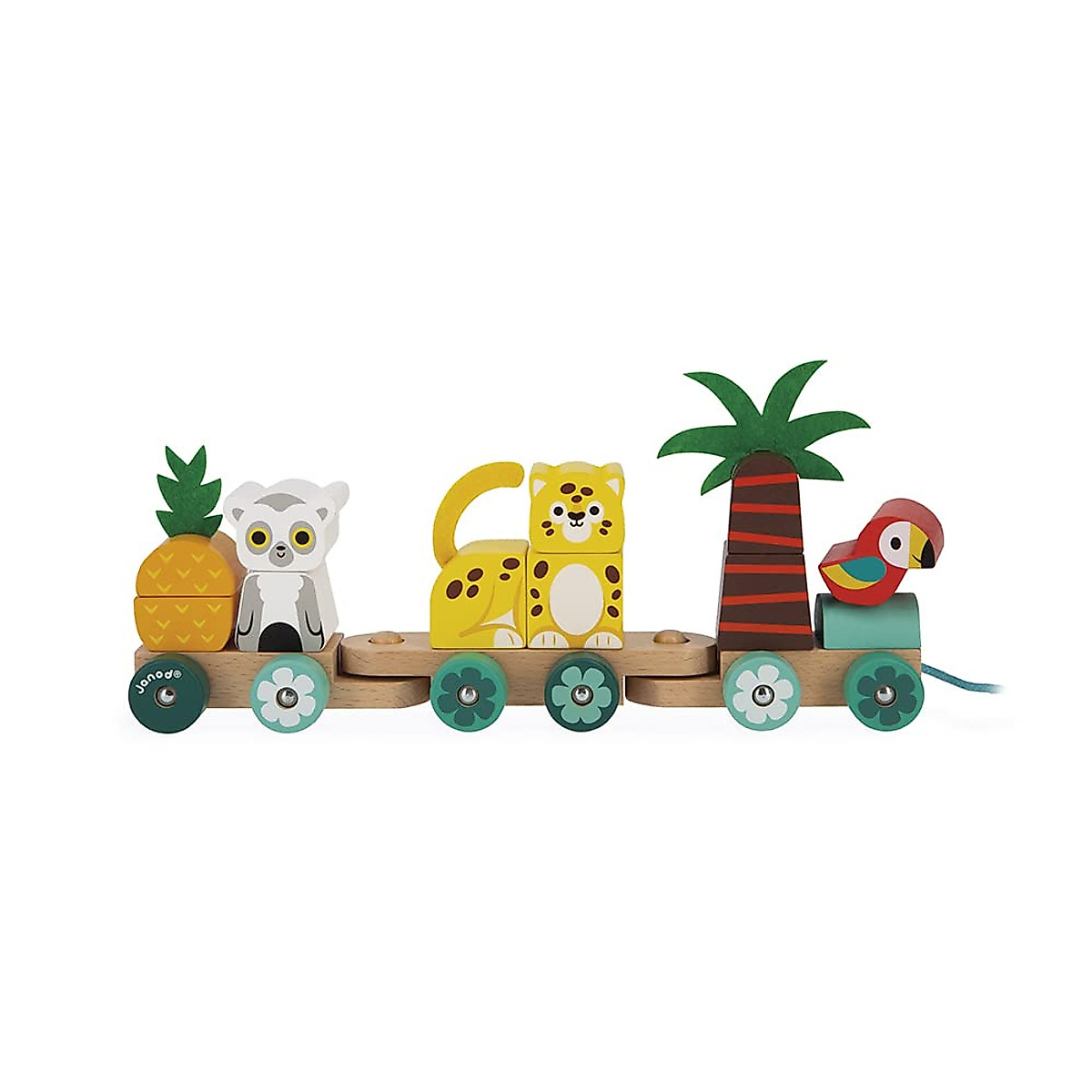 Janod - Tropik Tropical Pull-Along Train - 11 Pieces and 3 Cars - Ages 1 Year + J08272