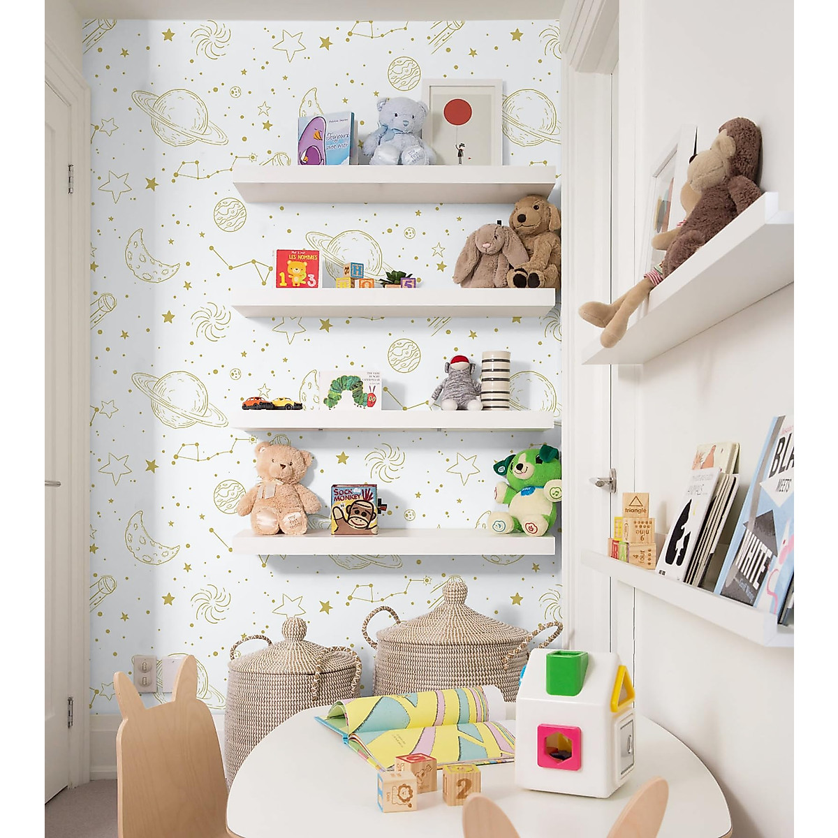 Feisoon Gold Star Wallpaper White Peel and Stick Wallpaper Kid's Bedroom Wallpaper White Moon Wallpaper 16.14"x78.7" Waterproof Contact Paper Self Adhesive Wallpaper Removable Contact Paper Vinyl Roll
