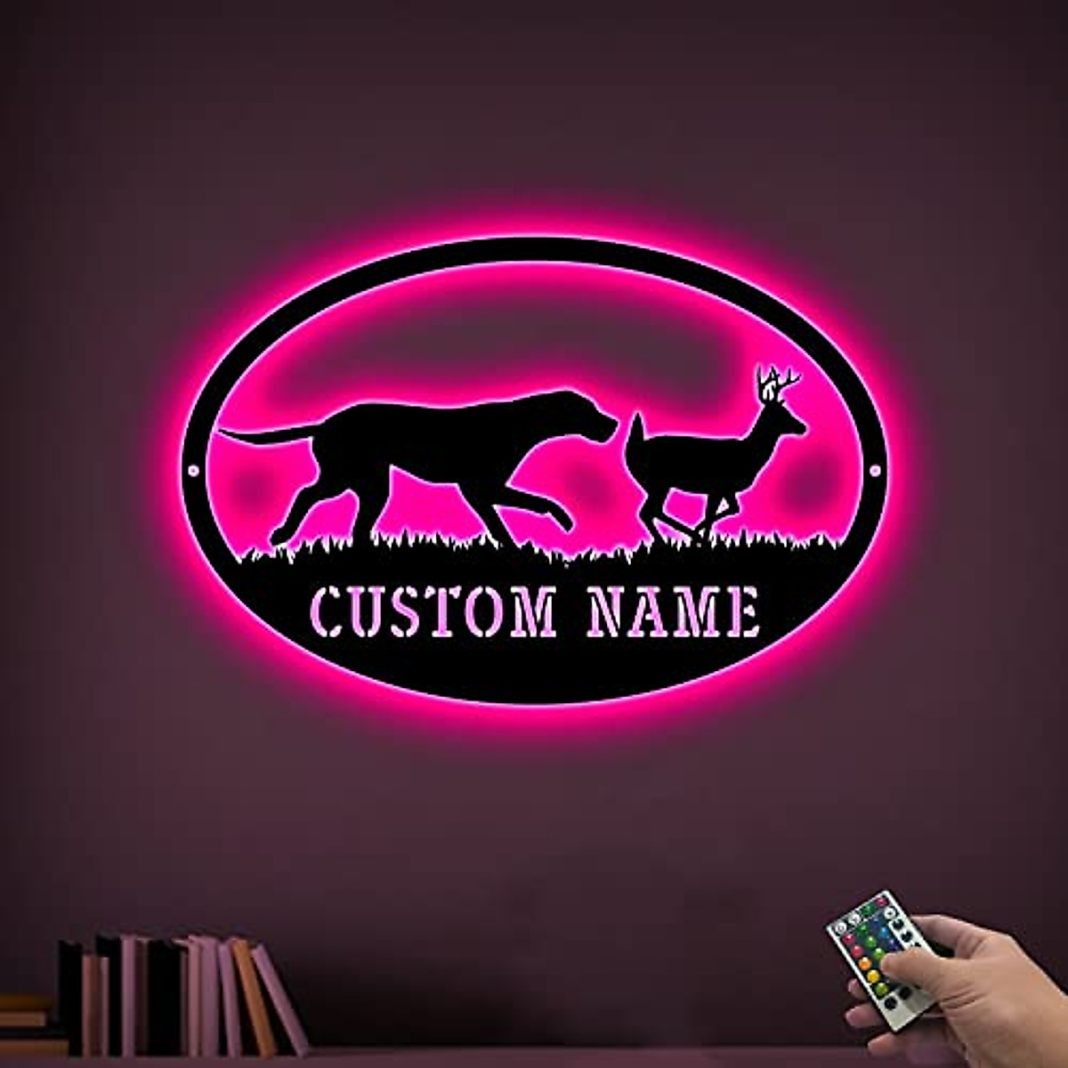 HUSSIO Foxhound with Deer Metal Wall with Lights, Deer Hunting Scene Metal Art, Metal Foxhound Decor, Dog Name Sign, Dog Name Sign,Front Door Decor