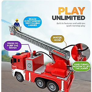 FUNERICA Fire Truck with Water Hose Pump, Flashing Lights, Siren Sounds, Extending Ladder, 5 Fireman, Firefighter Figures, Powered Firetruck Engine, Best Toy Gift for Toddlers, Kids, Boys, and Girls