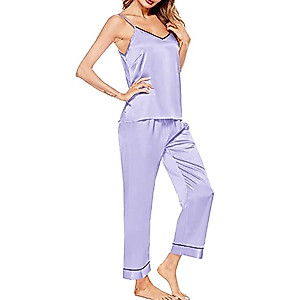 SWOMOG Womens Silk Satin Pajamas Set Two-Piece Pj Sets Cami Top and Capris Pants Sleepwear Lavender