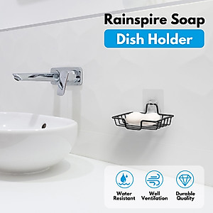 Rainspire Soap Dish Holder, No Drilling, 304 Rustproof Stainless Steel, Wall Mounted Soap Holder Soap Tray Bar Soap Sponge Holder for Bathroom & Kitchen, Square, Black