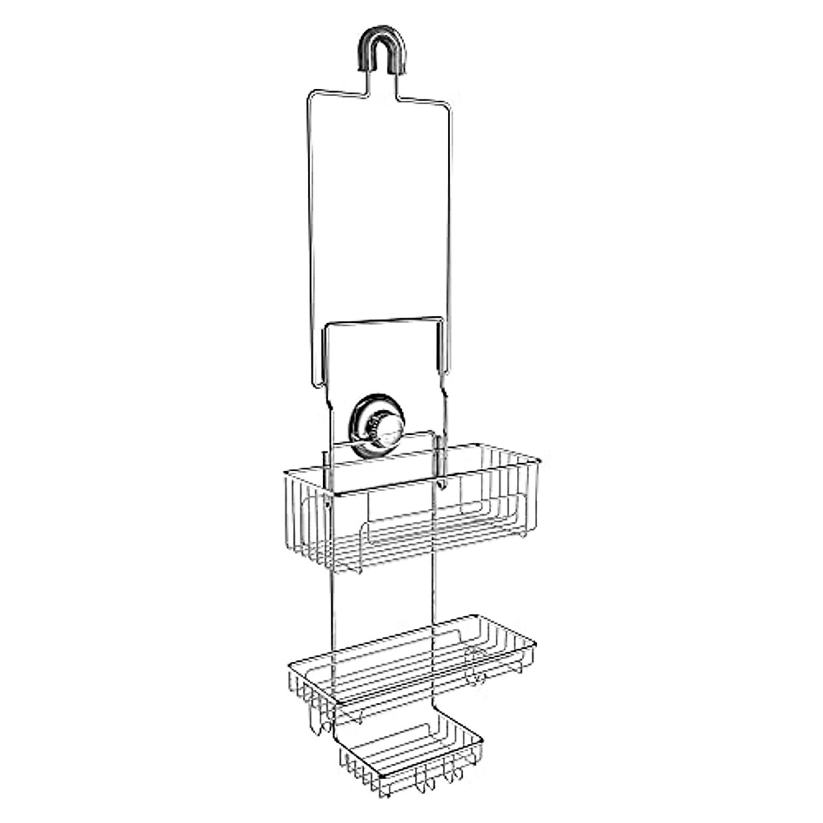 Gecko-Loc EXCLUSIVE Long Adjustable Length Hanging Bathroom Over the Shower head Hanger, Suction Cup Shower Caddy/Organizer - Deep Storage for large bottles - Stainless Steel (Silver)