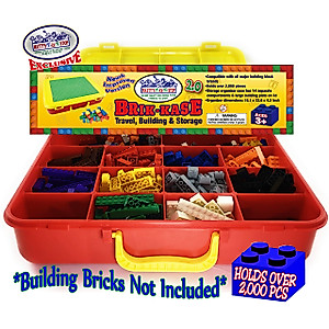 Matty's Toy Stop Brik-Kase 2.0 Travel, Building, Storage & Organizer Container Case with Building Plate Lid (Holds Approx 2000pcs) - Compatible With All Major Brands (Red, Green & Yellow)