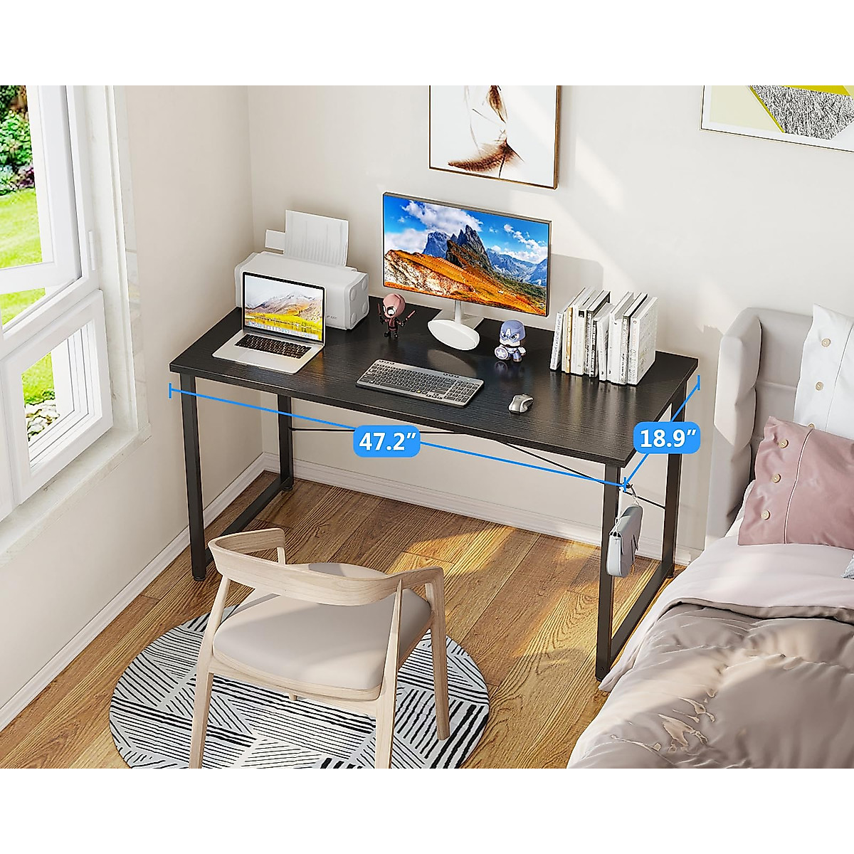 Casaottima 48 Inch Small Computer Desk for Home Office, Study Writing Table for Small Spaces, Simple Modern Desk with Headphone Hooks, Black