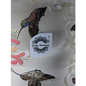 Doily Boutique Table Runner Embroidered with Hummingbirds on Ivory Material, Size 54 x15 inches