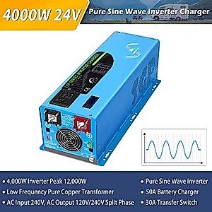 SUNGOLDPOWER 4000W 24Vdc Pure Sine Wave Inverter Low Frequency 240Vac Input 120Vac/240Vac Output Split Phase with Battery Charger Off-Grid 12000W Peak,(Updated Version)