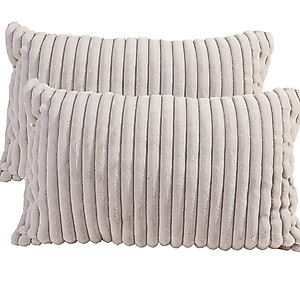 SofyCotty Faux Fur Striped Throw Pillow Covers Set of 2 Ultra Soft Shaggy Plush Pillow Cases Standard/Queen Size Decorative Fluffy Pillowcases Pillow Shams with Zipper Closure(Standard,Cream White)
