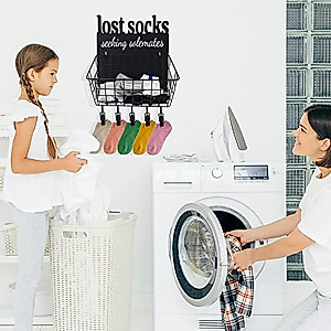RISICULIS Lost Socks Basket, Laundry Room Decor and Accessories, Rustic Laundry Room Organization, Black Wooden Lost Socks Sign for House Decor, Missing Sock Basket with 5 pcs Clips