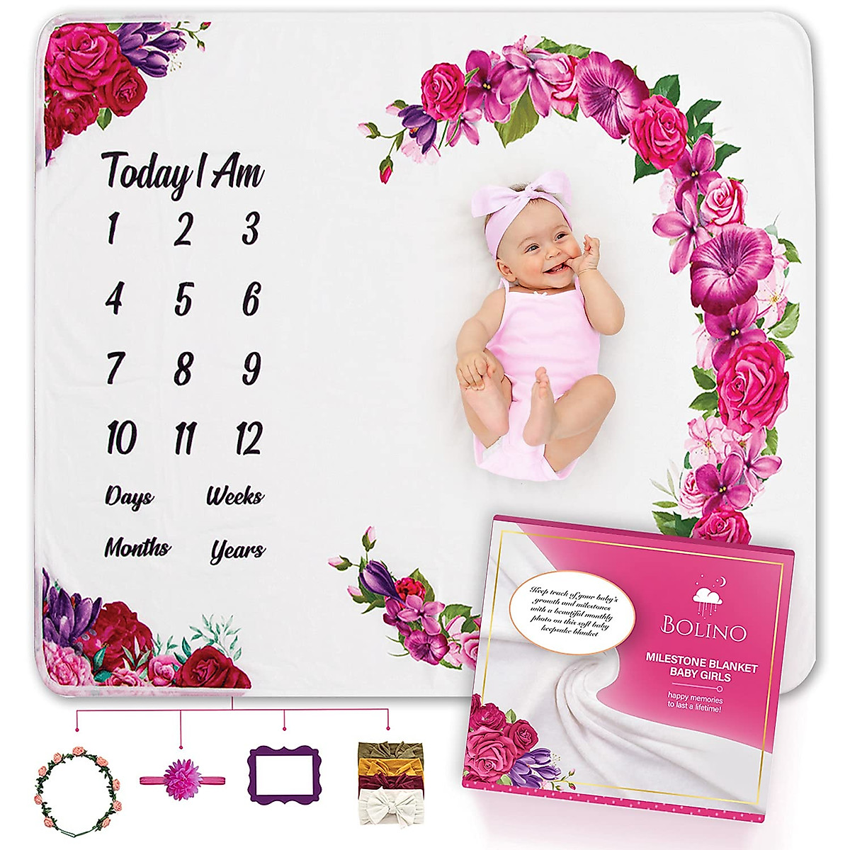 Bolino Baby Milestone Blanket for Girls Photo Prop ‎with 2 Frames, 5 Hair Bands, Flower Design in Soft ‎Minky Fleece - Baby Gift for Newborn Girl - 40x51 ‎In - Pink Flowers on White Background