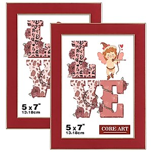 CORE ART 5x7 Picture Frames, Red Photo Frames Set of 2, 5 by 7 Colorful Frame with HD Plexiglas, Wall or Tabletop Display