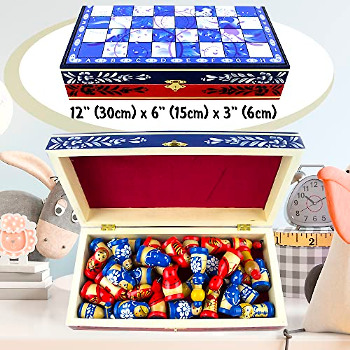 Russian Khokhloma vs Gzhel Themed Chess Set - Hand Painted Wooden Chess Pieces as Matryoshka Dolls - Souvenir Board Games for Adults - Chess Gifts