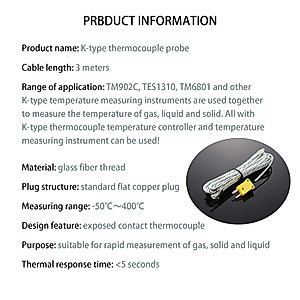 5 Pieces 3 Meters K Type Mini-Connector Thermocouple Temperature Probe Sensor K Type Thermocouple Wire Temperature Sensing Line Measure Range -50 to 400 Celsius, Compatible with TM902C/ TES1310