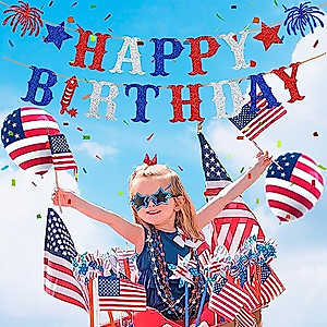 Ushinemi Glitter 4th of July Birthday Decorations, Red White and Blue Happy Birthday Banner, Patriotic Independence Day Birthday Party Supplies