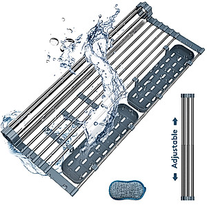 Roll Up Dish Drying Rack Over The Sink, Stainless Steel Roll Up Drain Rack, Foldable Dish Drying Rack Kitchen Roll Up Drainer (B)