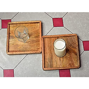 Samhita 2 Pcs Decorative Mango Wood Square Platter Food Serving Saucer, Tea, Fruit - Perfect for Dinners & Parties (8" x 8" x 0.75") (Set of 2)