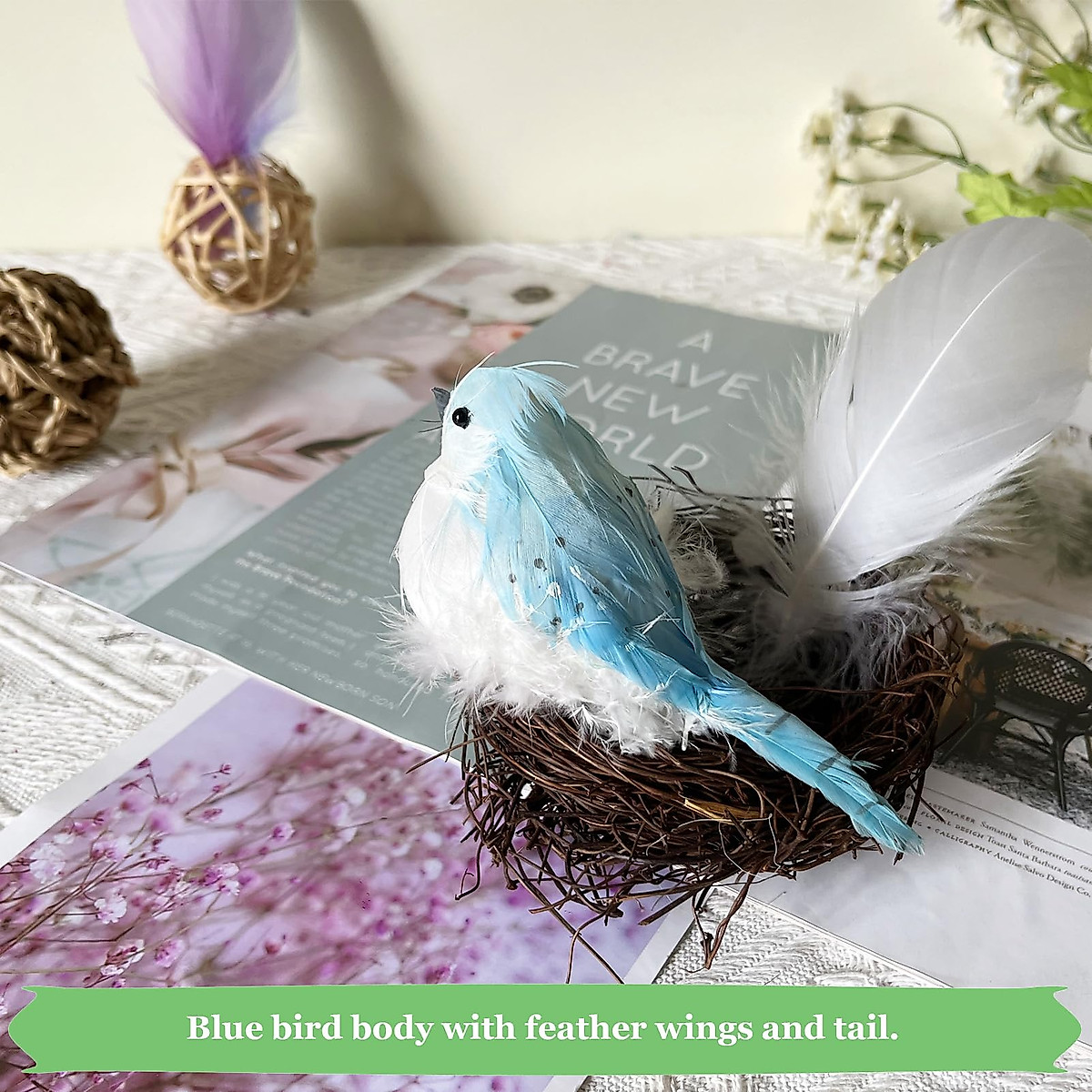 LWINGFLYER 6pcs Realistic Blue Jay Birds Clip on Ornaments Artificial Feathered Birds for Christmas Tree Decoration Wreaths Craft