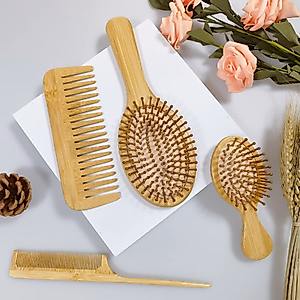 MoyRetty Bamboo Hair Brush Comb Set - Natural Wooden Hairbrush Paddle Detangling for Thick Thin Curly Straight Wavy Dry Fine Hair, Men Women and Kids, Static-Free(4 Pcs) Yellow