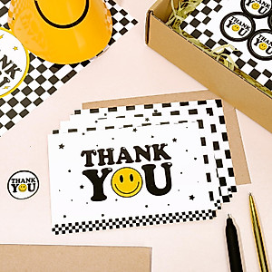 Whaline 40Pcs One Happy Dude Thank You Greeting Cards with Envelopes and Stickers Checkerboard Smile Face Thank You Cards for Back to School Birthday Baby Shower Decors, 4 Designs