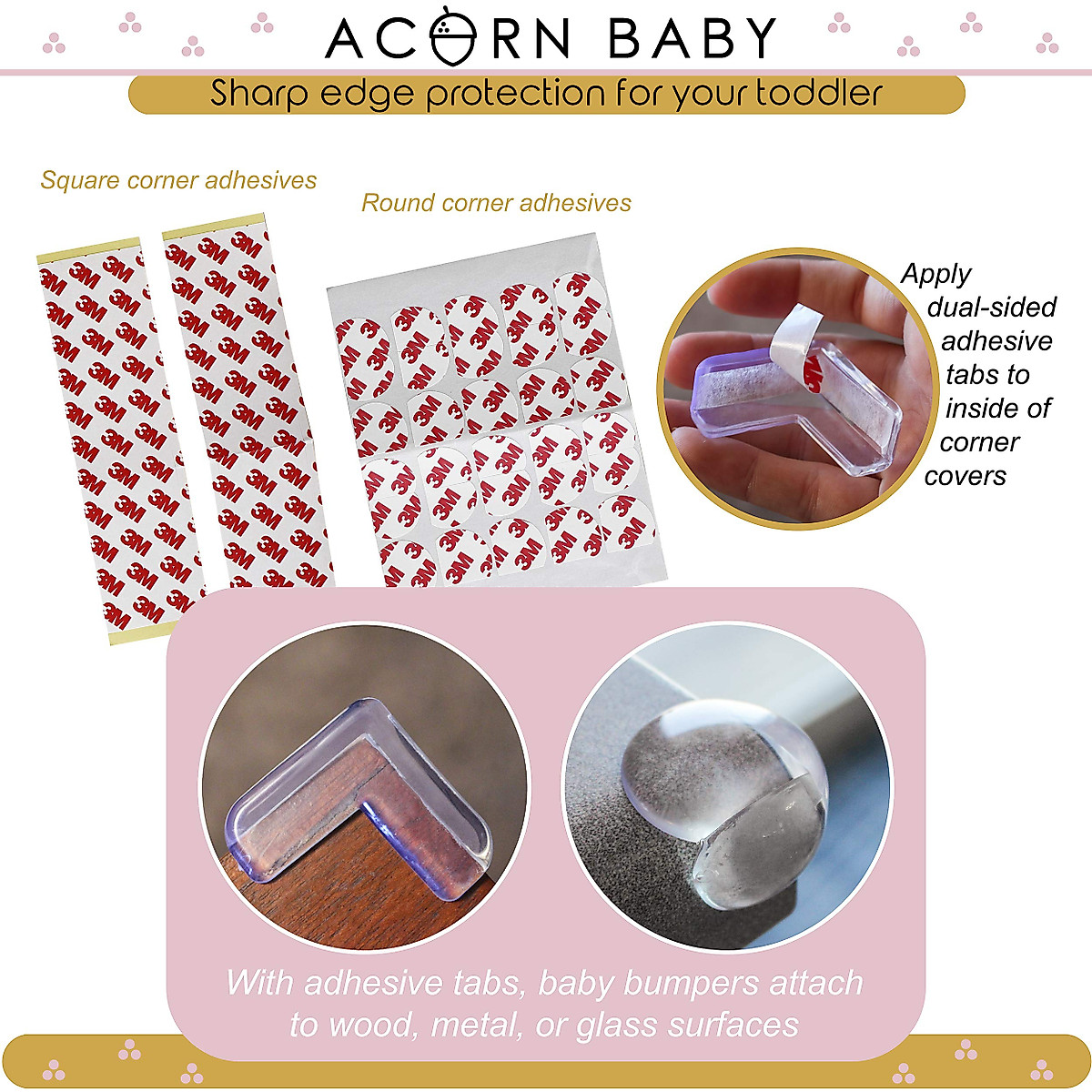 Acorn Baby Clear Corner Guards - 20pk Round and Square Baby Corner Protectors Baby Proofing Corner Guards with Adhesive