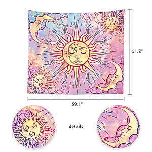 Ohjijinn Pastel Pink Tapestry Burning Sun Tapestry Mystic Tapestry Celestial Sun and Moon with Stars Tapestry Psychedelic Hippy Tie Dye Wall Hanging for Party Home Decor (Pastel, 51.2" x 59.1")