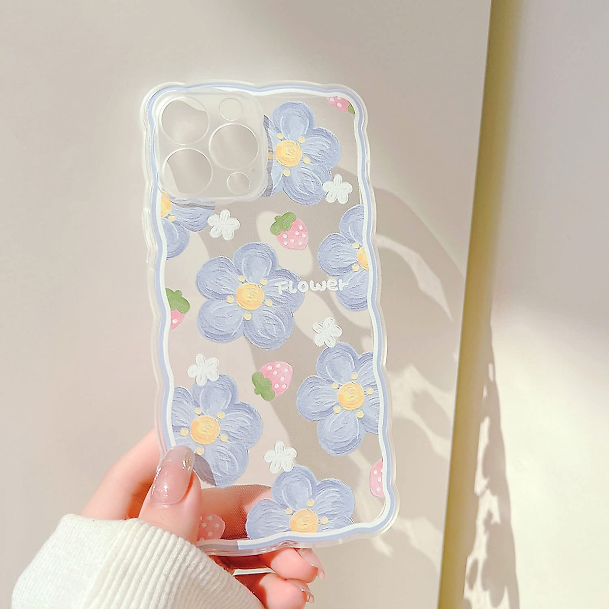 Ownest Compatible for iPhone 13 Pro Max Clear Case 6.7 Inch with Flower Cute Strawberry Lace Design for Girls Woman TPU Protective Slim Shockproof Floral Case for iPhone 13 Pro Max-Blue