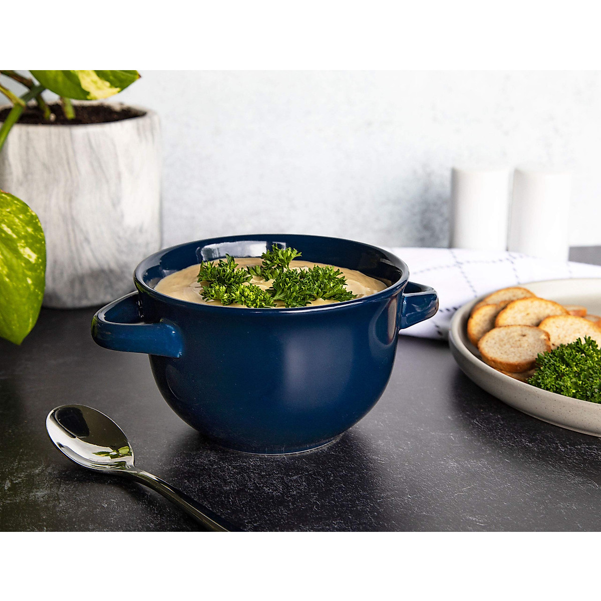 Soup Bowls, French Onion Soup Bowls, by Kook, Soup Crocks, Oven Safe Bowls, Soup Mugs, Ceramic Bowls, Dishwasher, Microwave, Set of 4, 18 oz (Blue)